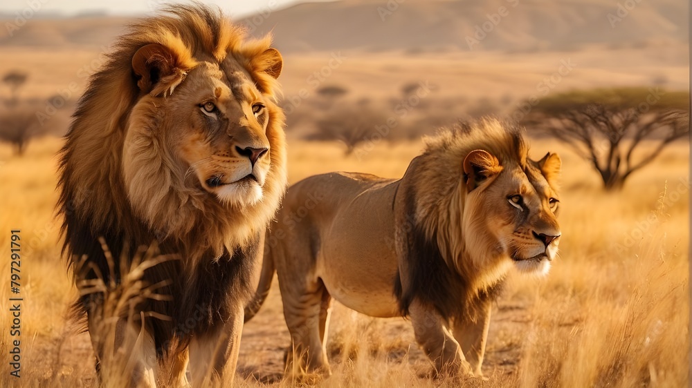 lion in the savannah, A majestic lion with a flowing mane, standing ...