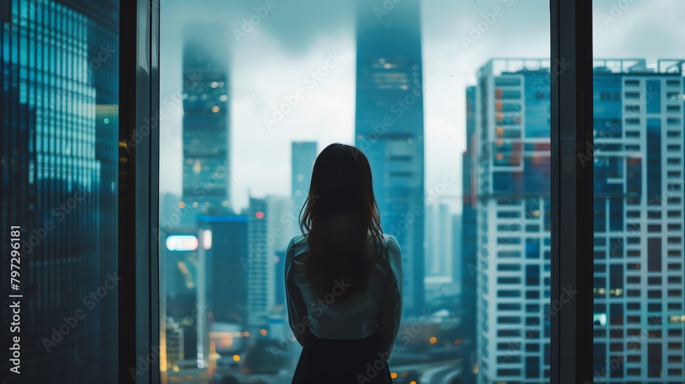 Successful female CEO looking out the office window, city skyline in ...