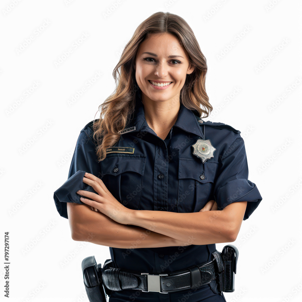 Female Police Officer hand on his belt smiling on transparency ...
