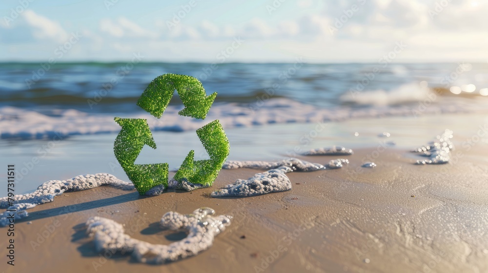 Green recycle symbol or eco sign on the beach and blurred sea ...