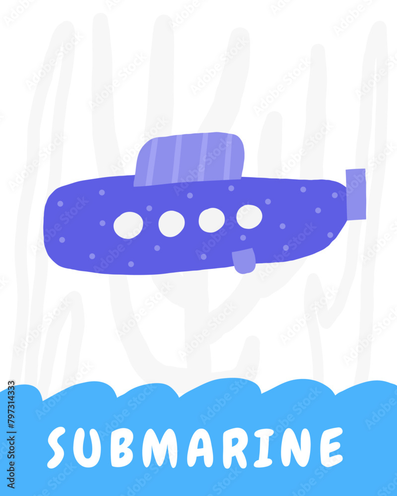 Learn underwater flashcard. Learning English words for kids. Cute hand ...