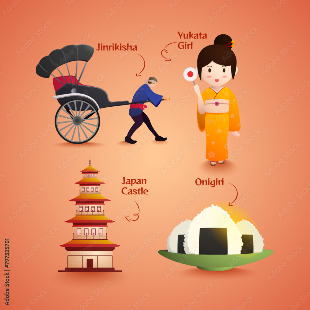 Set japanese symbols tradition design illustration with yukata girl ...