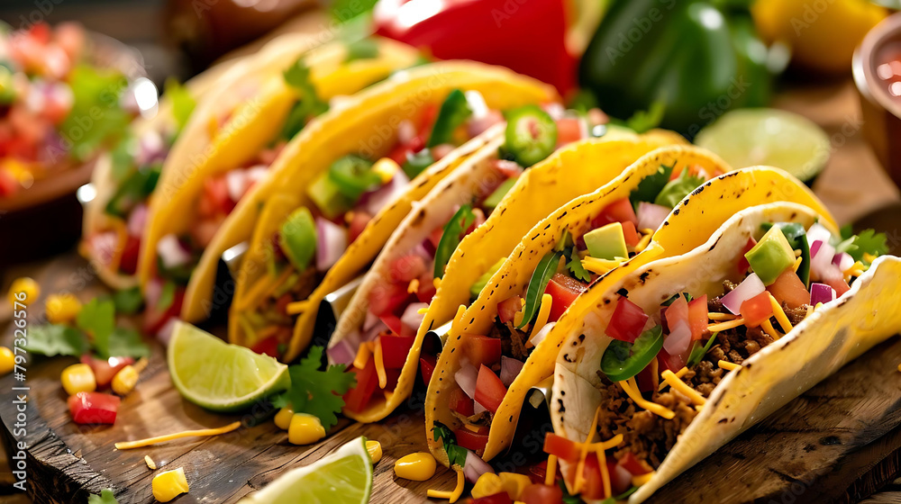 taco tuesday fiesta with a variety of toppings including sliced lemons ...