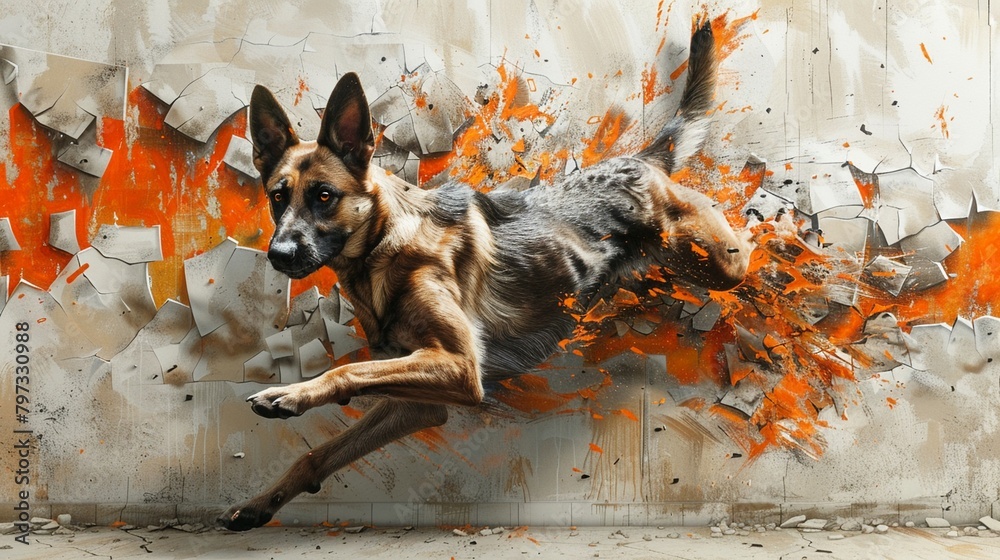 Striking 3D wallpaper featuring a dynamic dog leaping out of a broken ...