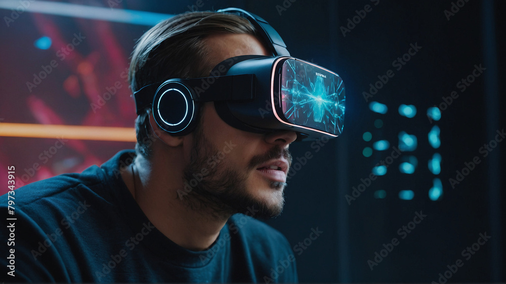A futuristic depiction of a virtual reality headset, with holographic ...