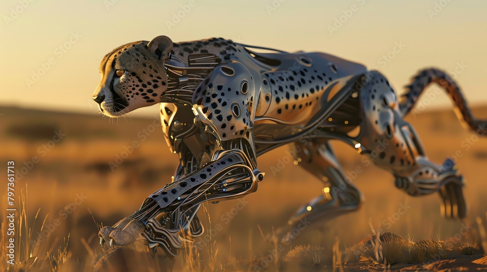 Capture the sleek, metallic sheen of a robotic cheetah in mid-sprint ...
