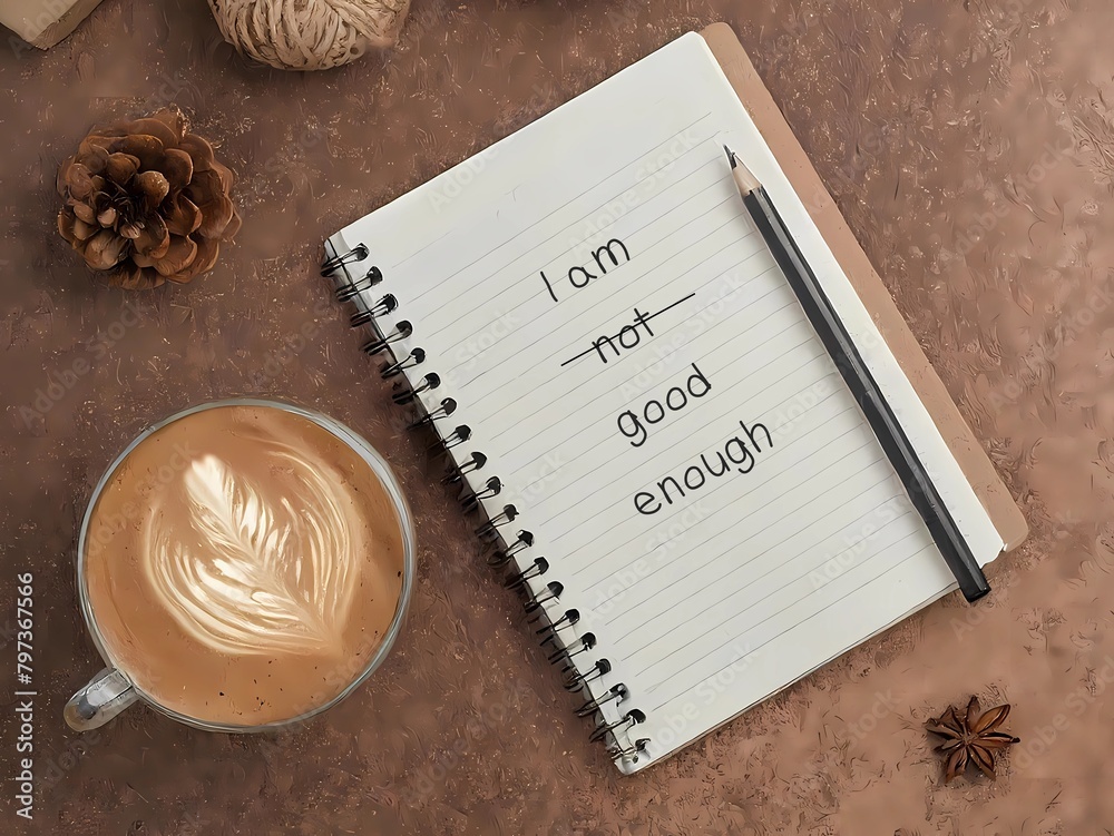 Notebook on desk with text written I AM NOT GOOD ENOUGH , crossed off ...