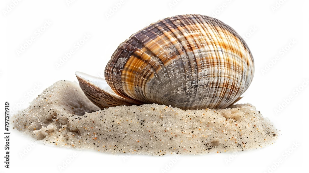 A calm clam partially buried in sandy substrate, its shell slightly ...