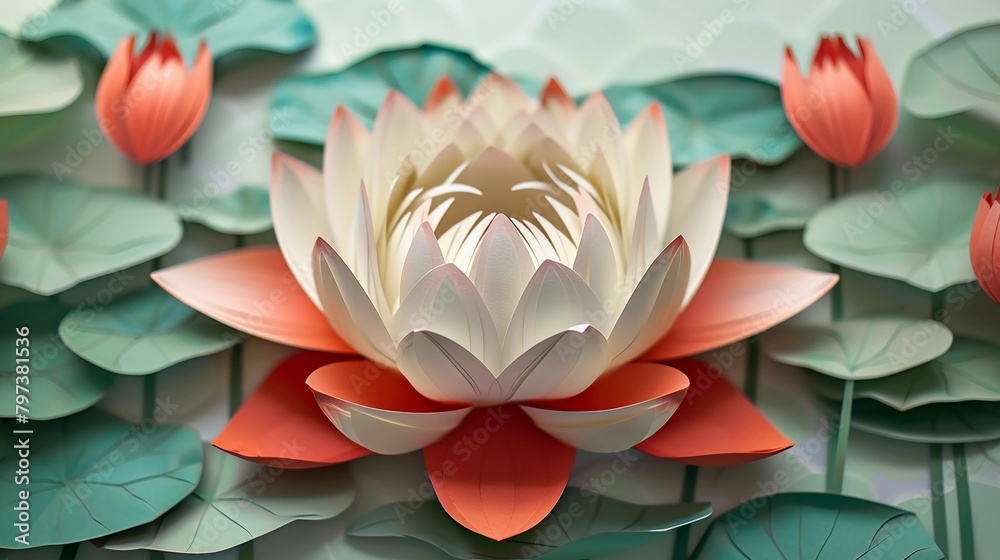 Illustration Of A Vibrant Lotus Flower Amidst Blue Lily Pads On A Calm ...