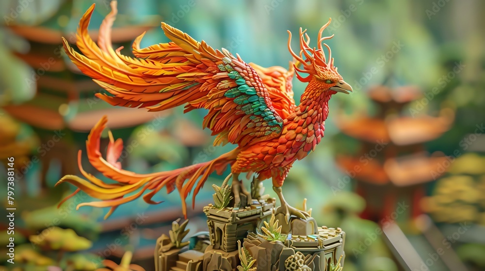 Craft a clay sculpture depicting a mythical phoenix perched on a sleek ...