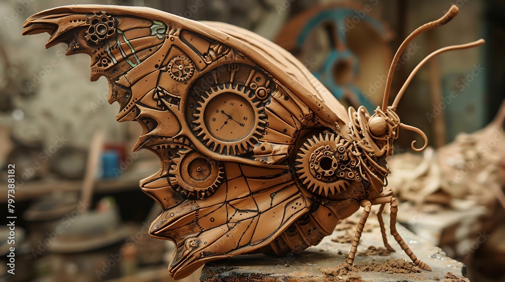 Craft a clay sculpture of a robotic butterfly seen in profile, with ...
