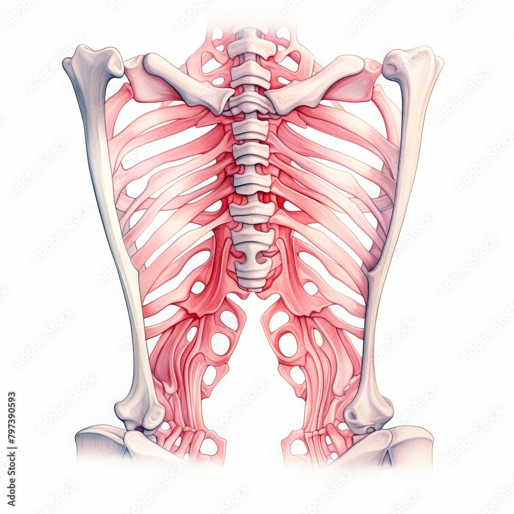 A detailed medical illustration of the human rib cage and spine in a ...