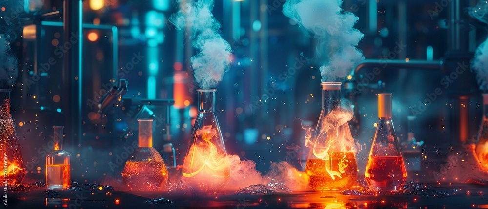 Vibrant science laboratory scene with chemical flasks, smoke, and ...