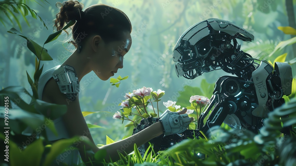Imagine a botanical garden of the future, where sentient robotic beings ...