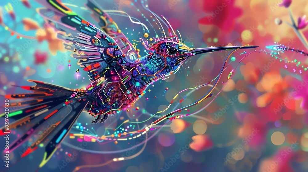Imagine a digital painting showcasing a robotic hummingbird hovering ...