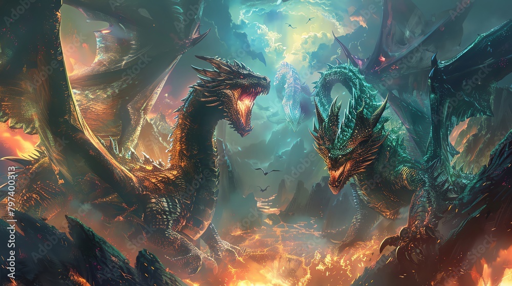 Immerse viewers in a mythical realm with a digital painting of rear ...