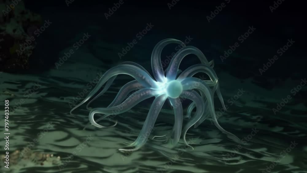 Ethereal tendrils emanate from a luminous deep-sea creature, spreading ...