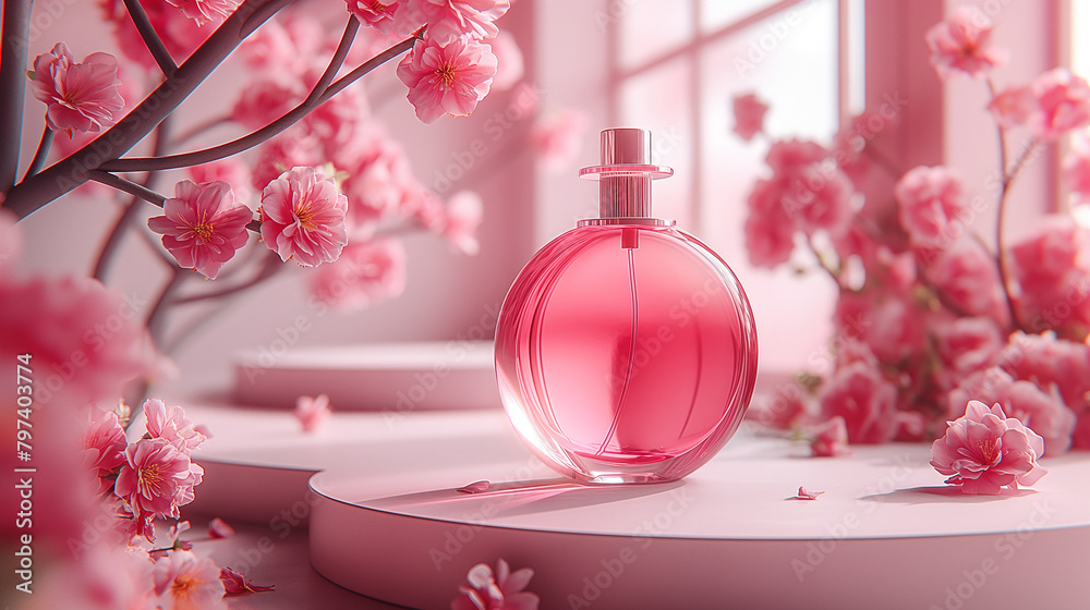 Perfume bottle in a stage. In a empty pink room, A tornado of sakura ...