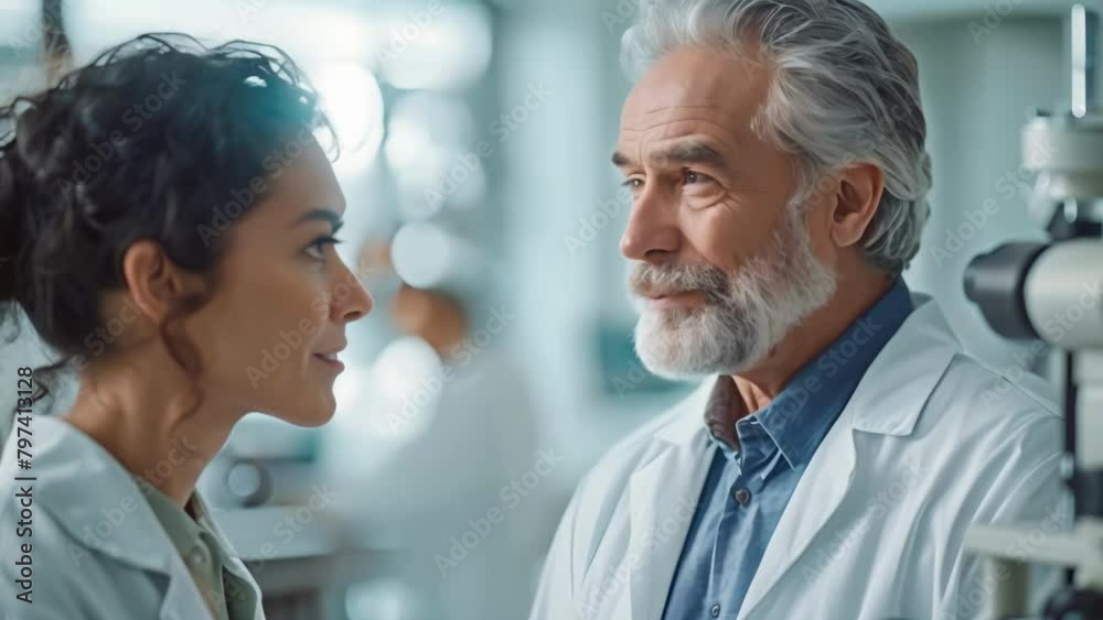 Ophthalmologist conducting eye exam for patient to assess visual health ...