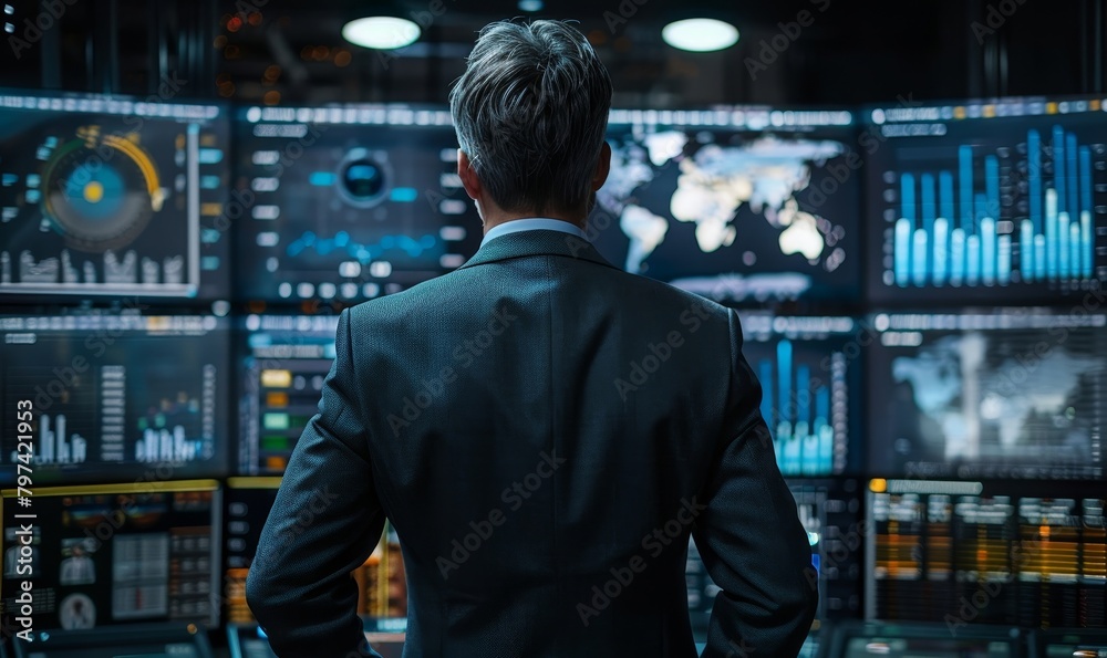 Back of a businessman in front of professional key performance ...