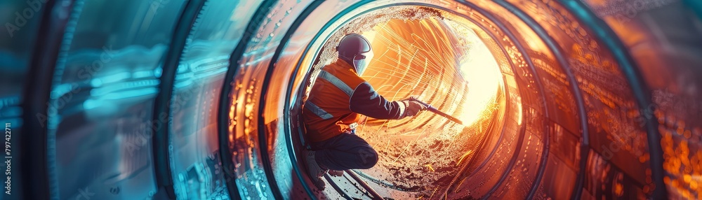 A weldeA welder works inside a large pipe. Industrial 4.0 Digital ...