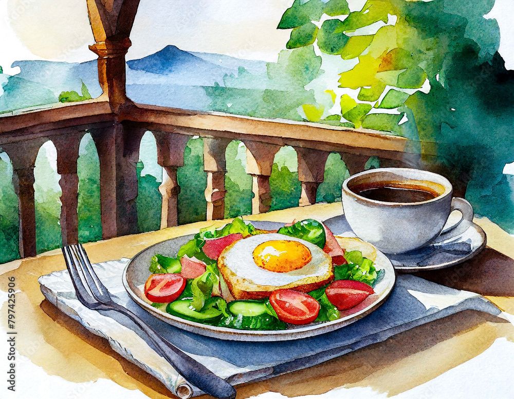 ガーデンの見える窓際のテーブルに置かれた洋食の朝食セットのイラスト Stock Illustration Adobe Stock