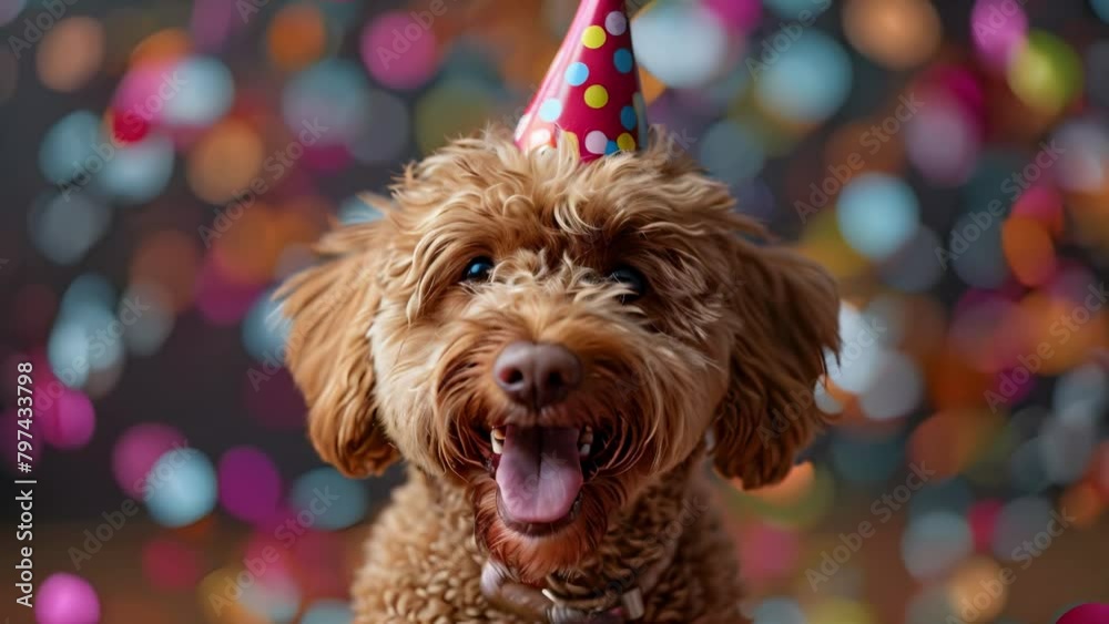 Labradoodle dog wearing a party hat and celebrating birthday with ...