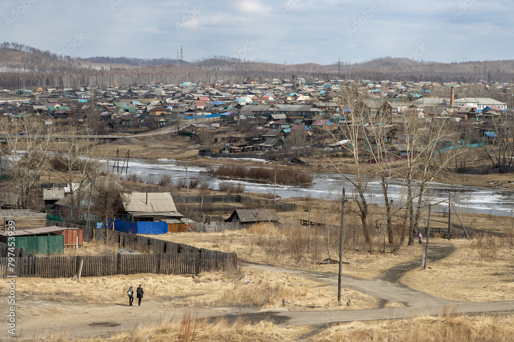 Mogocha city, Transbaikal region, Siberia, Russia. View of low-rise ...