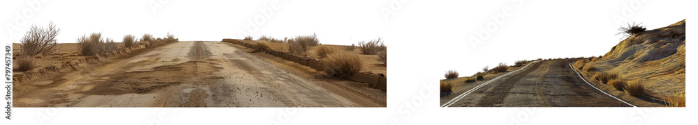 Desert pathways and eroded roadside landscapes under clear skies cut ...