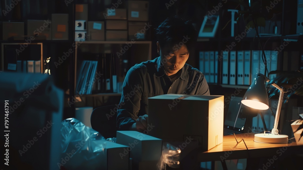 Visual story of an Asian professional packing a box at a desk in a ...