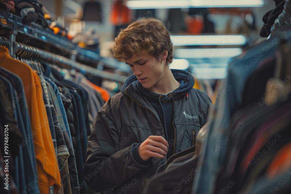 An image of a young male adult browsing through clothing racks in a ...
