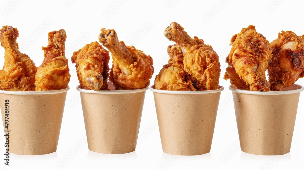 Golden crispy fried chicken in brown bucket on white background - title ...