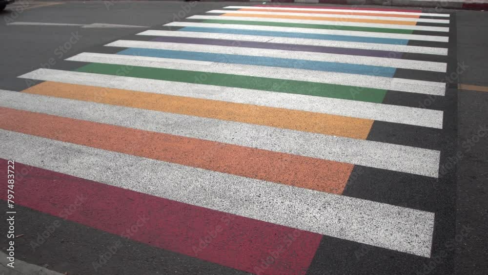 LGBT rainbow pride flag displayed on a city street during Pride Month ...