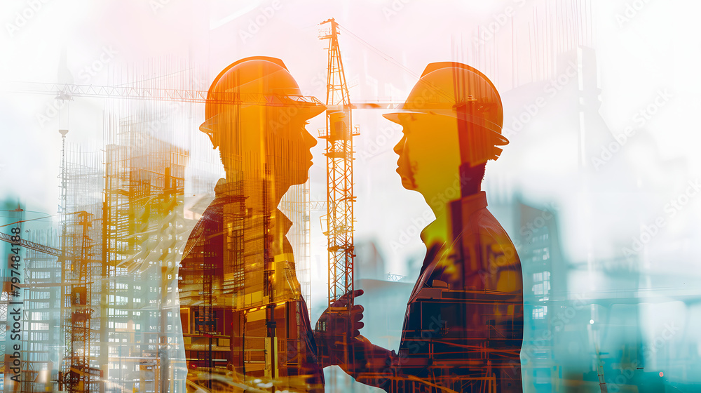 two civil engineers discuss an architectural plan, in a double exposure ...