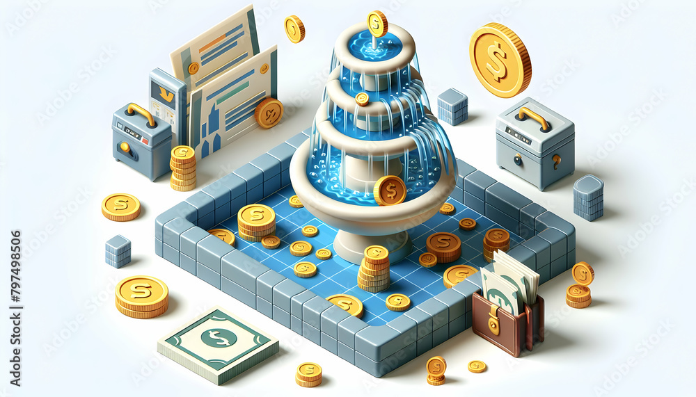 3D Cartoon Fountain Concept with Coins and Notes: Exploring Price ...