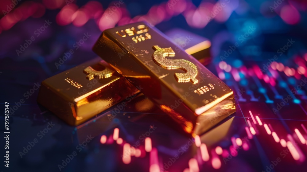 Halving US dollar icon and gleaming gold bars set against a market graph background, reflecting ...