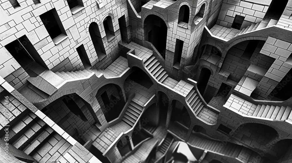 a black-and-white drawing of an impossible staircase. The stairs go up ...