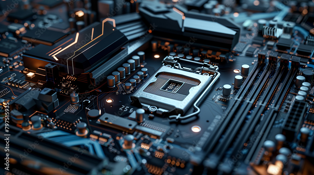 A close-up of a computer's motherboard with red lights. Concept of ...