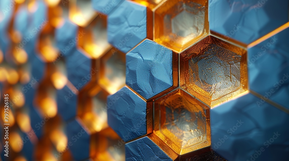 A blue anaglyph background with a gold element of hexagonal geometric ...