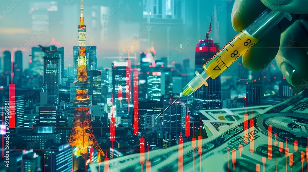 Market Chart Trends Merge with Tokyo Skyline and Healthcare Symbols ...