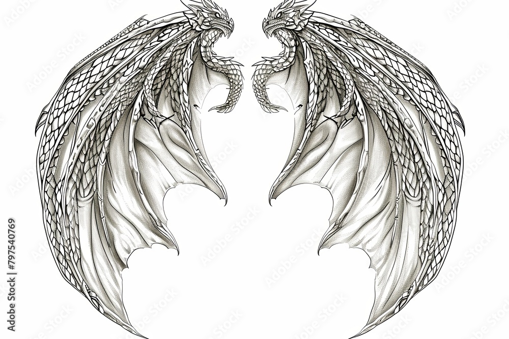 Silver Dragon Wings Line Art: Detailed Scales and Strong Lines Stock ...