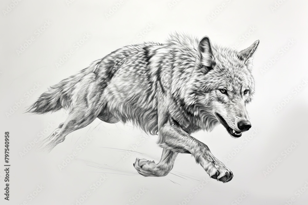 Wolf's Wild Energy: Detailed Pencil Drawing of Running Wolf in Graphite ...