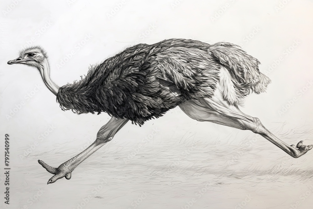 Pencil Drawing: Dynamic Ostrich in Full Flight - Realistic Detailed ...
