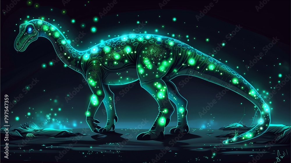 The herbivorous dinosaur Saltasaurus stands gracefully at night. The ...
