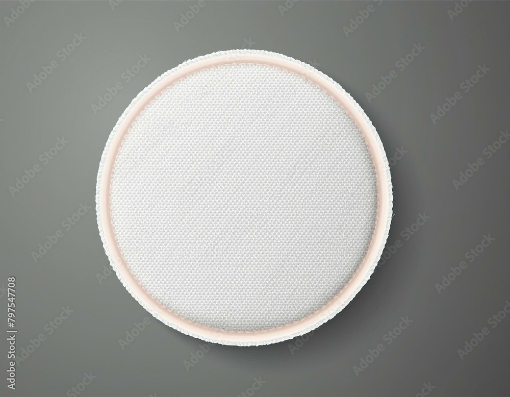 Blank white round embroidered patch mockup, top view, 3d. Empty cloth attachment for sing icon ...