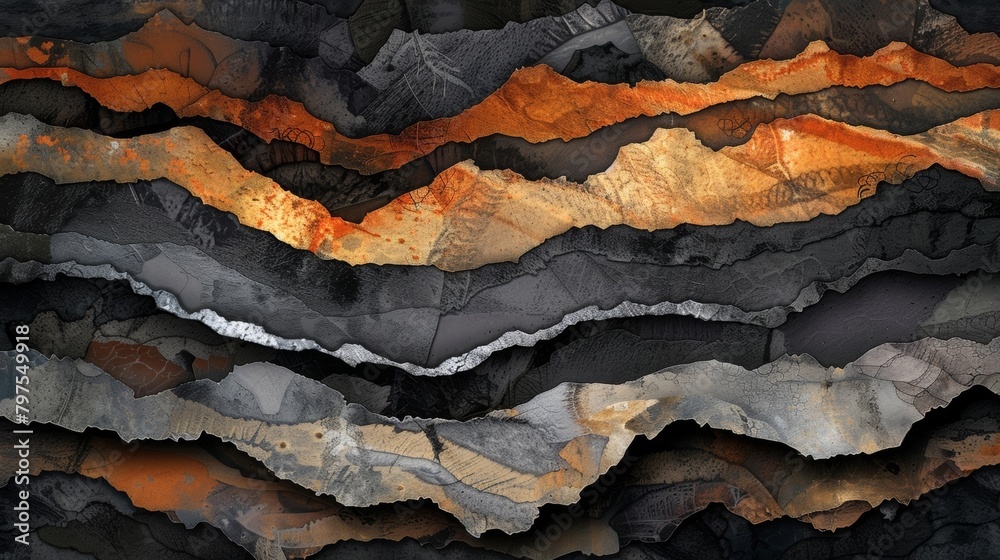 A digital painting of a volcanic landscape with layers of different ...