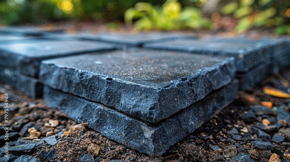 Atop a gray paving slab surface, a sandy mixture surface is visible ...