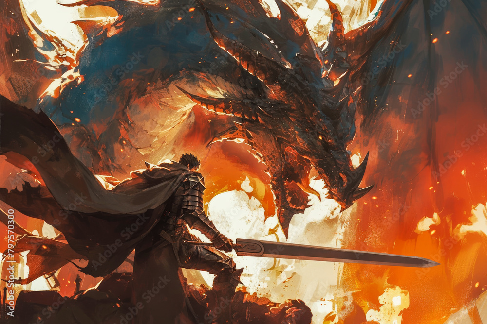 Anime Warrior and a Dragon, Concept Art. Generated Image. A digital ...