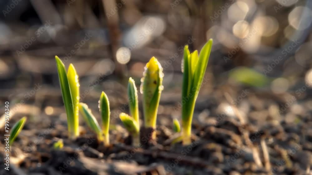 Tender green shoots emerge from rich soil, stretching towards the sun ...