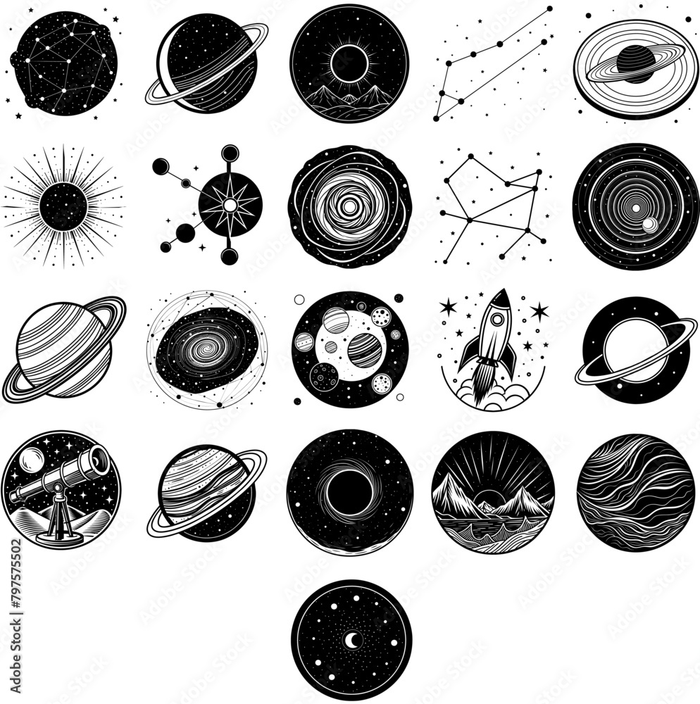 This illustration features a series of hand-drawn planets in black and ...